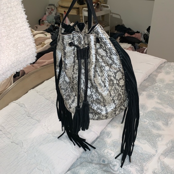BCBGeneration | Bags | Bcbg Snakeskin Fringe Tassel Bucket Bag | Poshmark